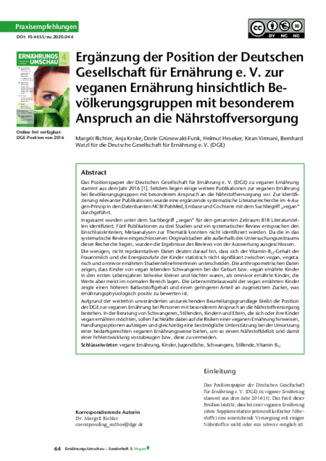 Ergänzung der Position zu veganer Ernährung | DGE